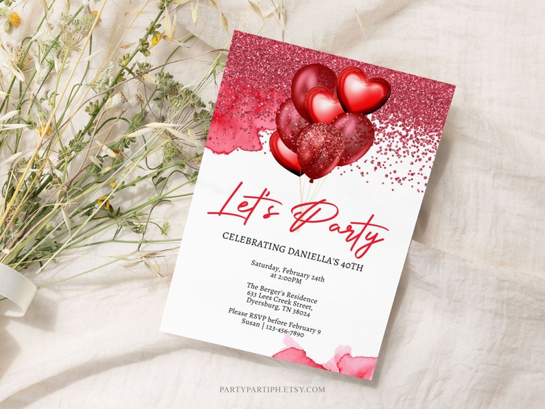 EDITABLE Red Heart Balloons Birthday Invitation Template Red Shimmers ...