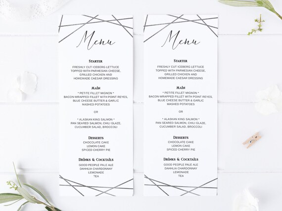 Editable Silver Menu Card Template (Wedding, Bridal Shower, Dinner ...