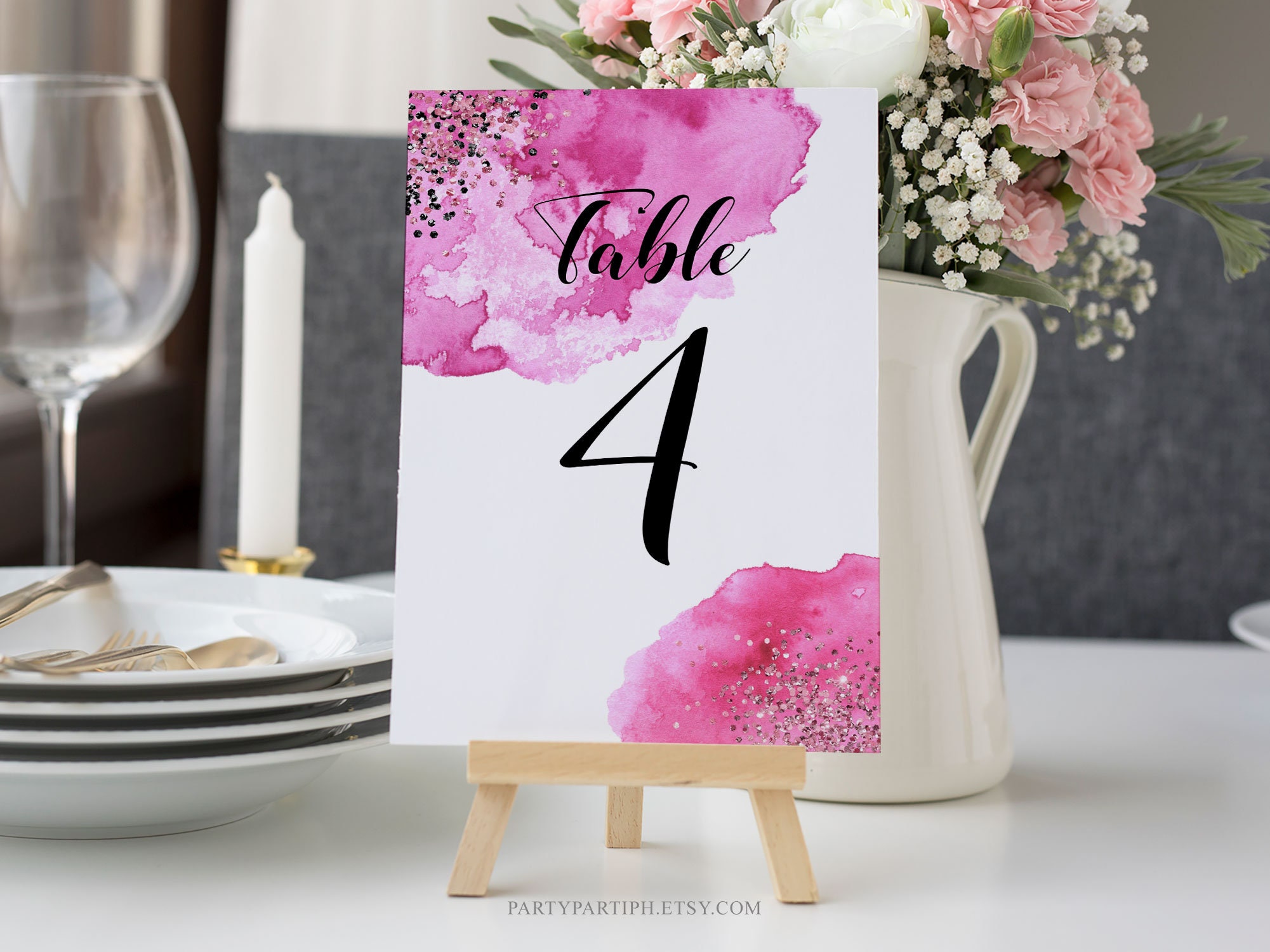 EDITABLE Hot Pink and Black Glitter Flower Wedding Table Numbers ...