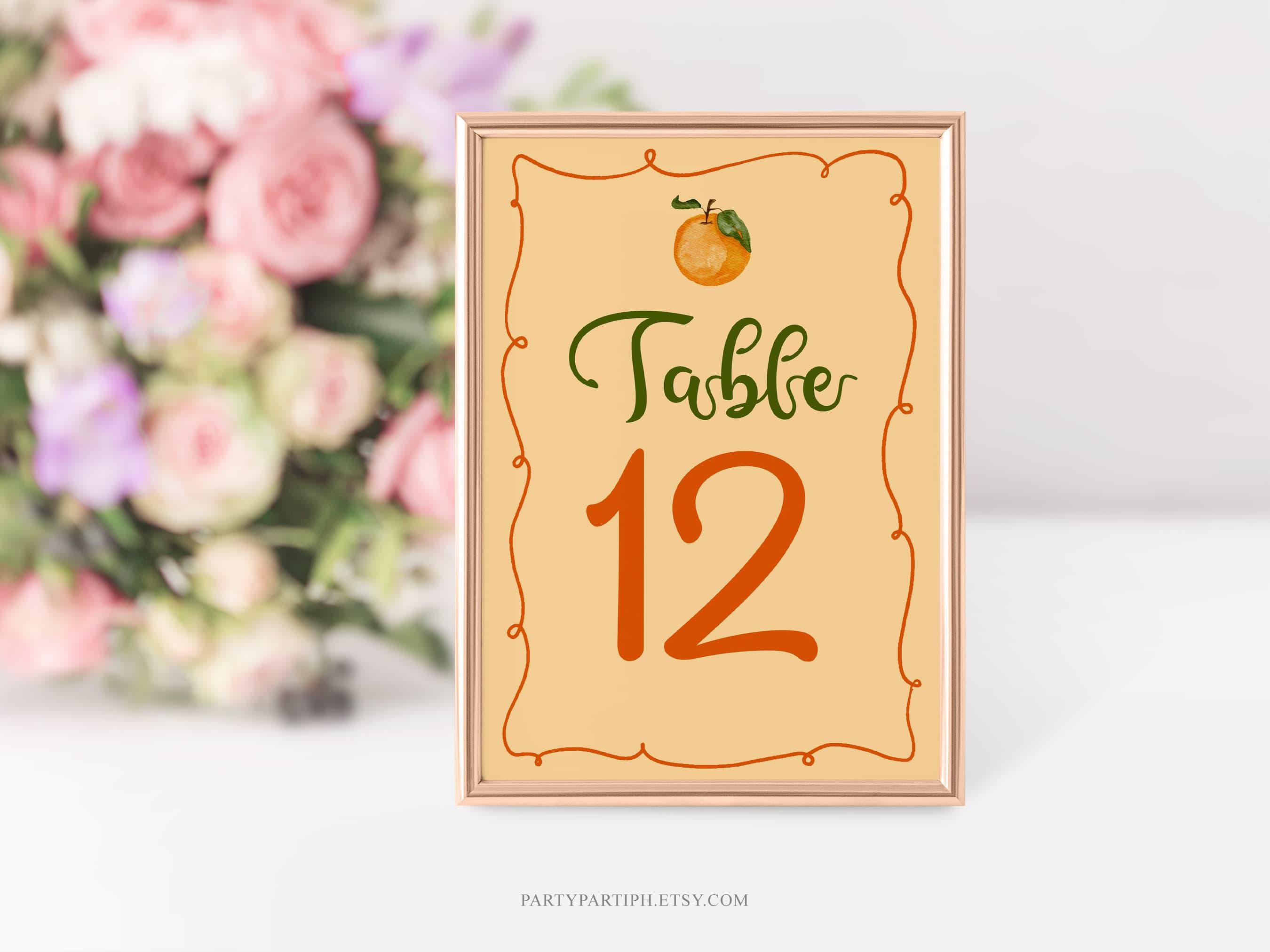 Editable Orange Swirly Frame Wedding Table Numbers Template Modern ...