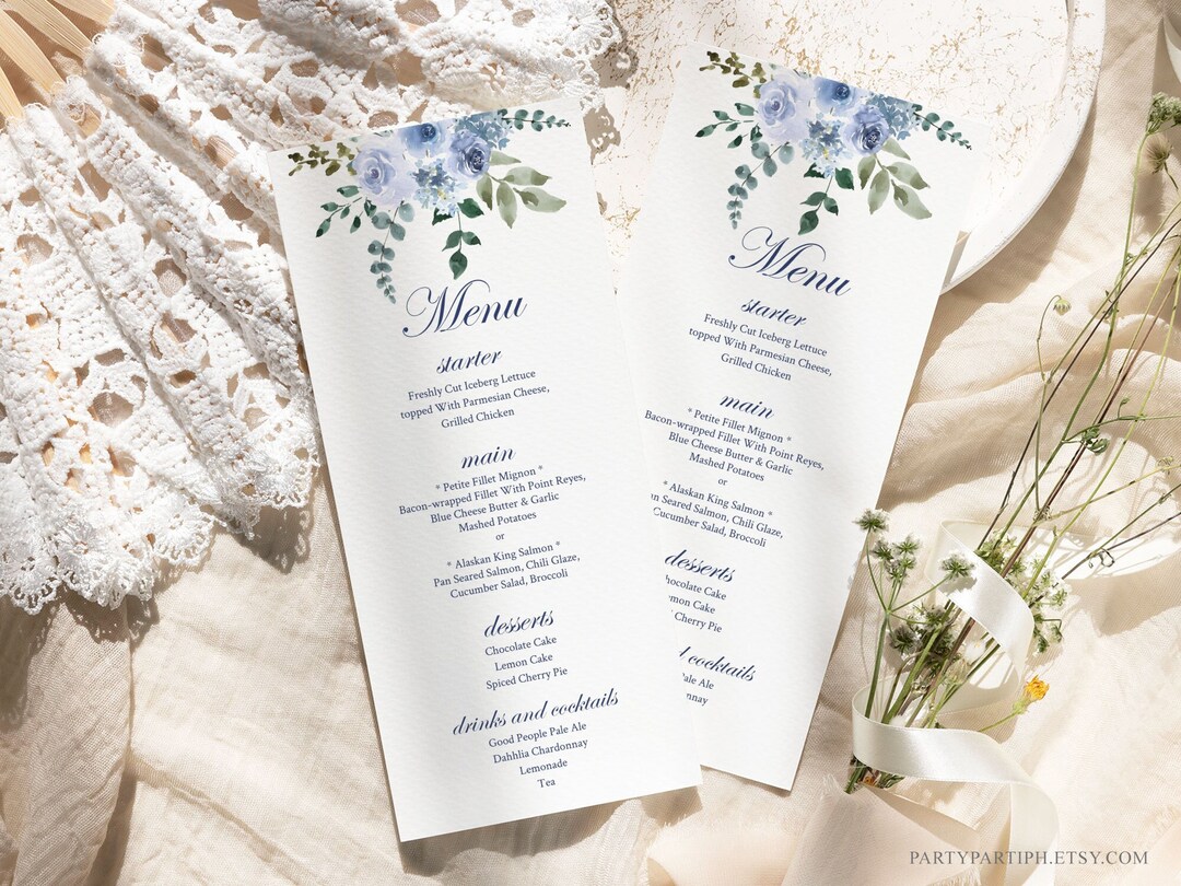 EDITABLE Blue Flowers Wedding Menu Card Template Instant Download ...