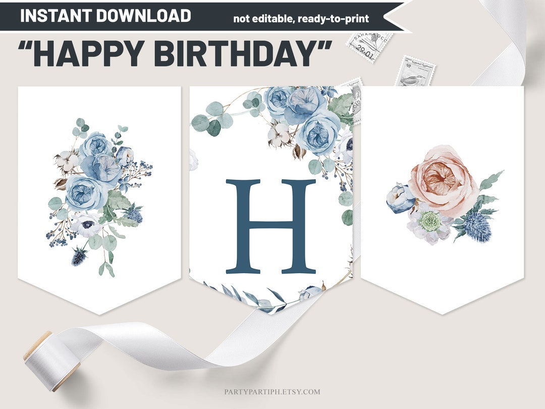Printable Blue Flowers Happy Birthday Party Banner Flower Garden ...