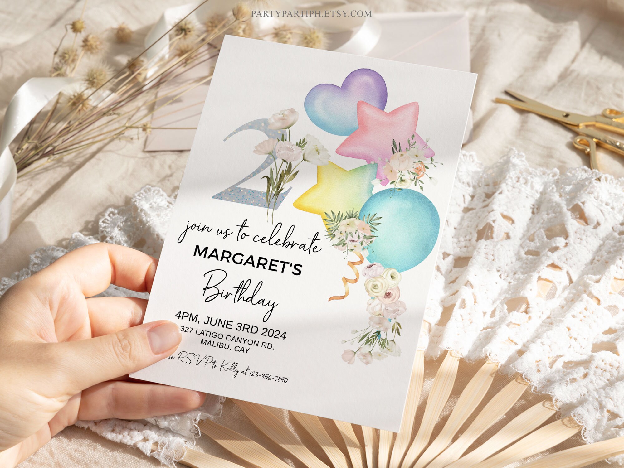 Editable Pastel Rainbow Balloons Birthday Invitation Baby Rainbow ...