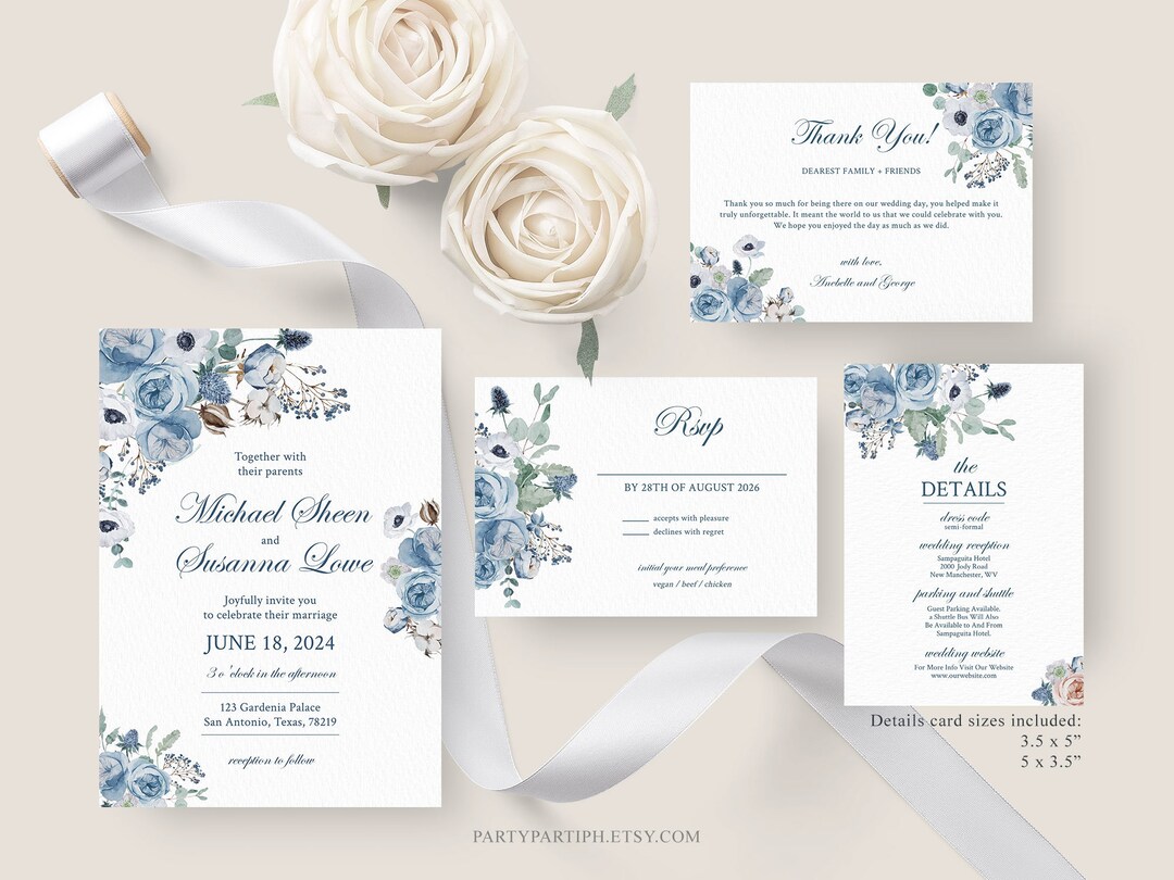 Editable Blue Flowers Wedding Invitation Set Template Instant Download ...