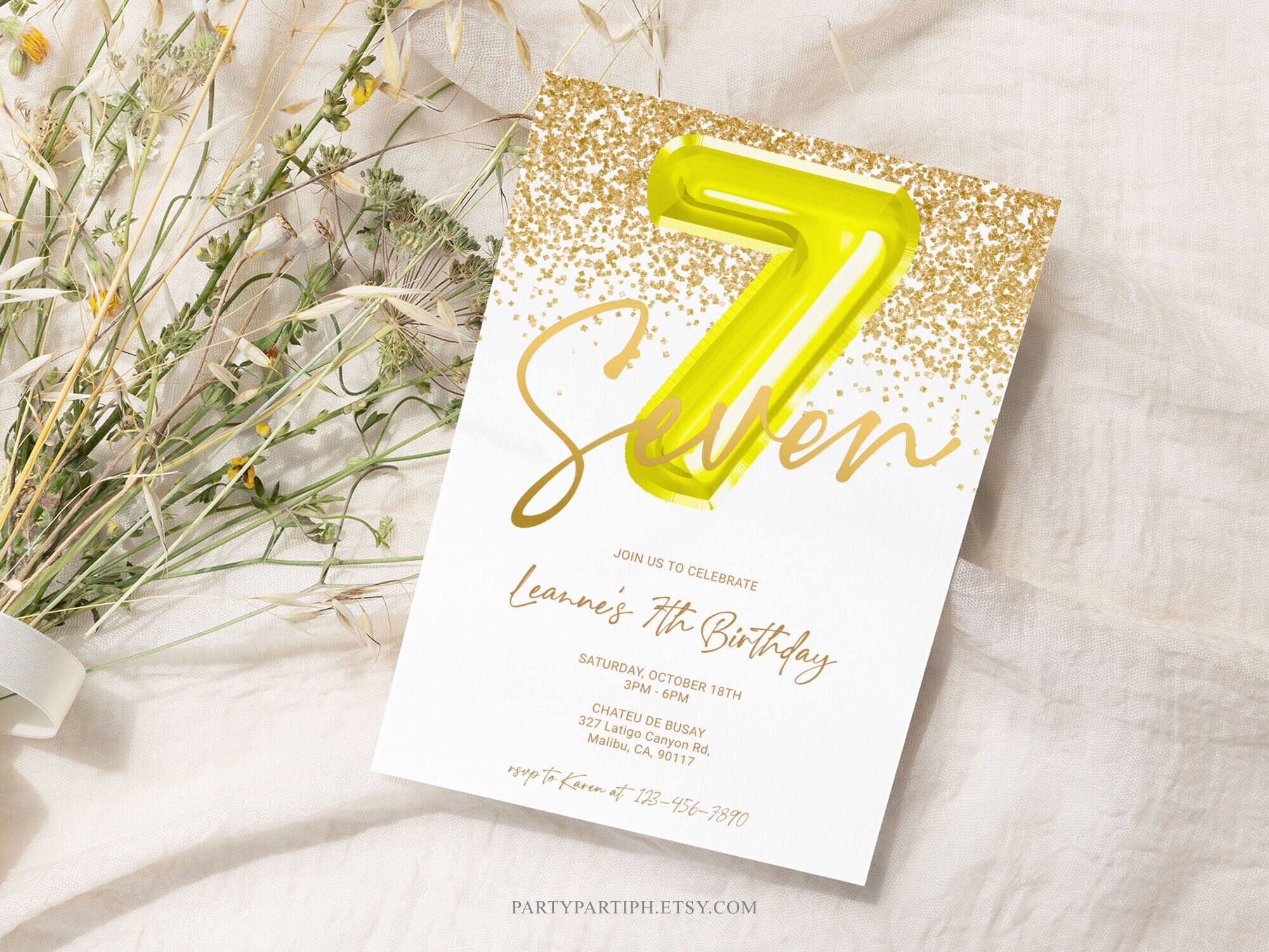 Gold Glitter Birthday Invitation Template Gold 7th Birthday Invitation ...