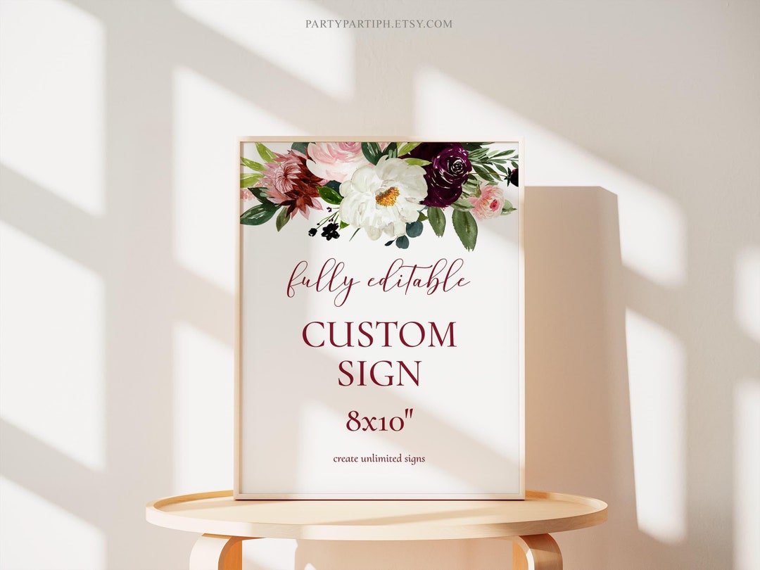 Editable Burgundy Flowers Custom Table Signs 8x10 5x7 Templates Blue ...