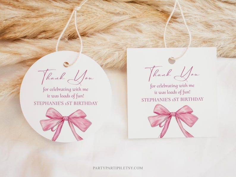 EDITABLE Pink Bow Round Birthday Favor Tag Template Cute Girl Bow Thank ...