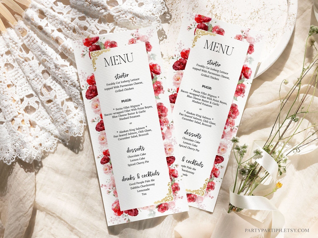 EDITABLE Red Flowers Wedding Menu Card Template Instant Download Dinner ...