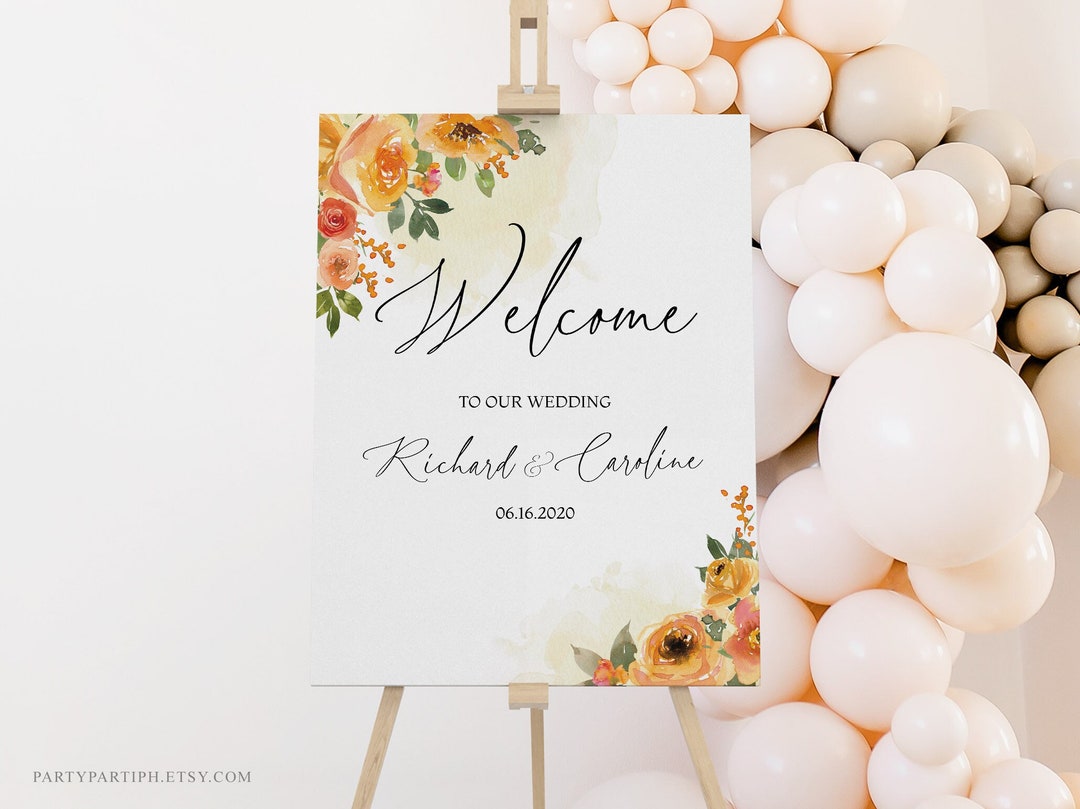 Editable Orange Welcome Sign Templates Flower Wedding Welcome Signs ...