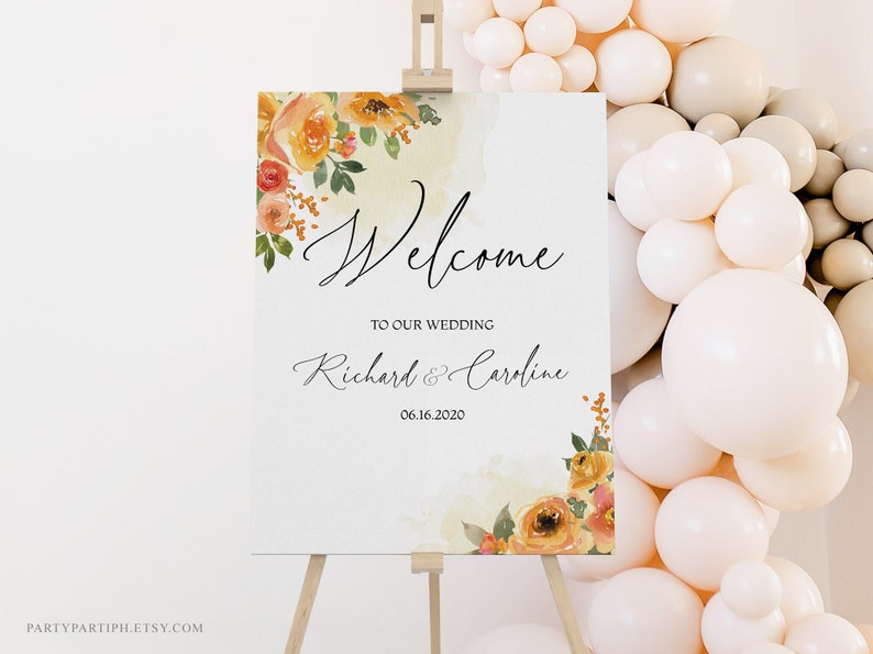 Editable Orange Welcome Sign Templates Flower Wedding Welcome Signs ...