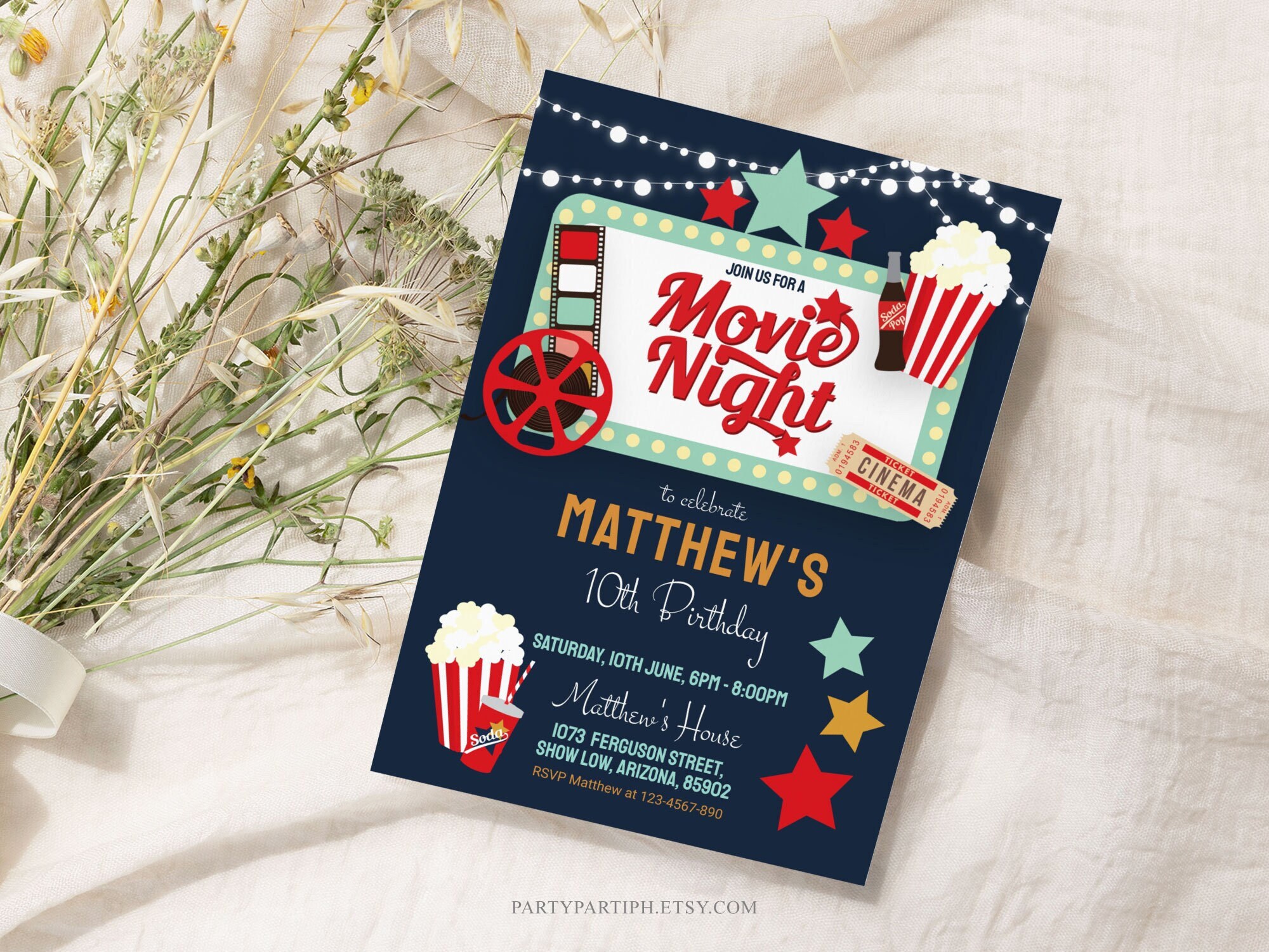 EDITABLE Movie Night Birthday Invitation Blue Movie Under the Stars ...