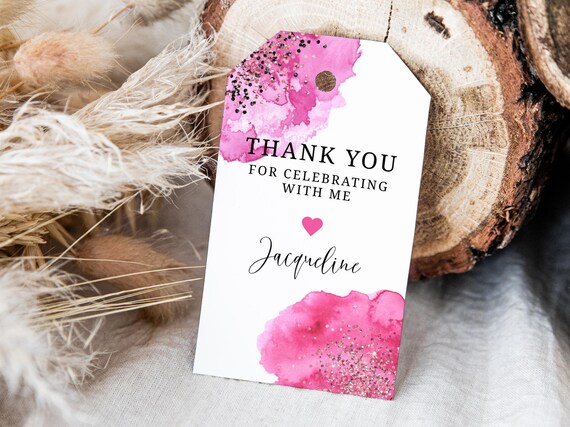 EDITABLE Hot Pink and Black Glitter Favor Tag, Black Pink Gift Tag ...