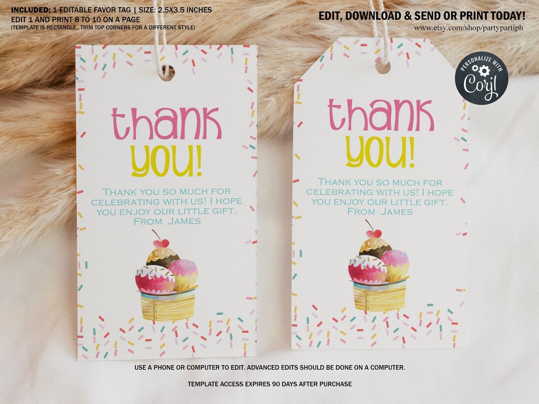 Editable Ice Cream Printable Gift Tag Template Birthday Party Favor ...
