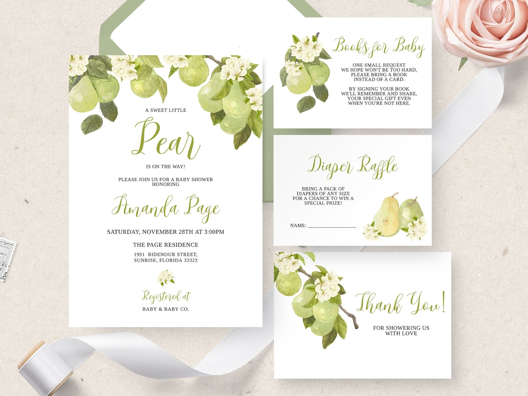 Editable Perfect Pear Baby Shower Invitation Set Templates Printable ...