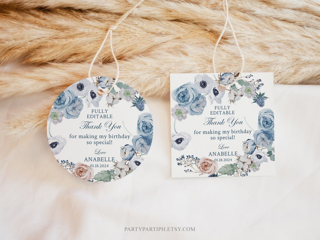 Editable Blue Flowers Thank You Tags Template Round and Square Favor ...