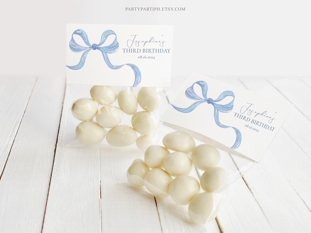 Editable Blue Bow Party Treat Bag Label Template Cute Girl Bow Birthday ...