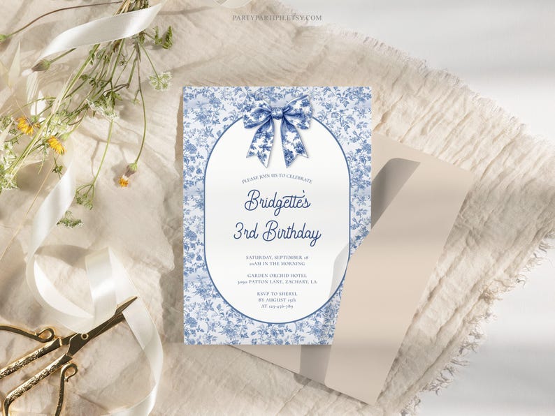EDITABLE Blue Toile Birthday Invitation Template Blue Florals Birthday ...