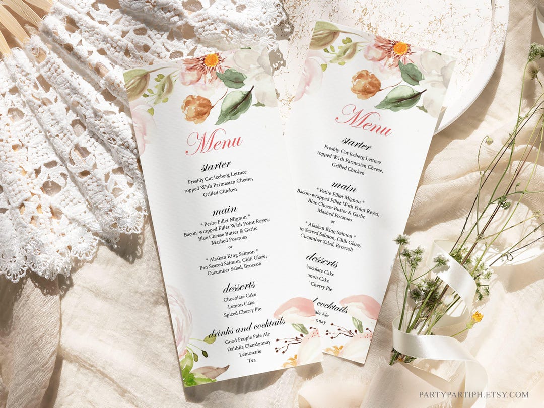 Editable Lily Flowers Wedding Menu Card Template Dinner Party Menu ...