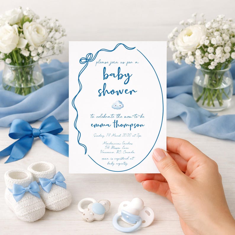 Baby Shower Invitation Template Editable, Minimalist Neutral Blue ...