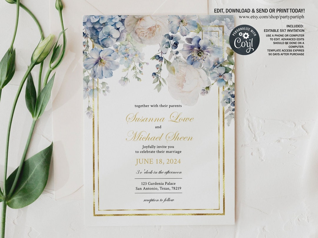 EDITABLE Blue Flowers Wedding Invitation Instant Download Template ...