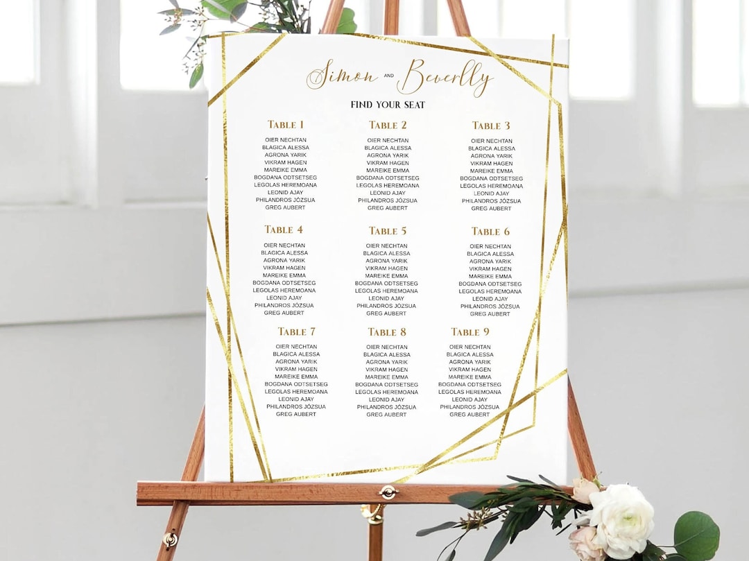 Editable Gold Frame Wedding Seating Chart Template Geometric Wedding ...
