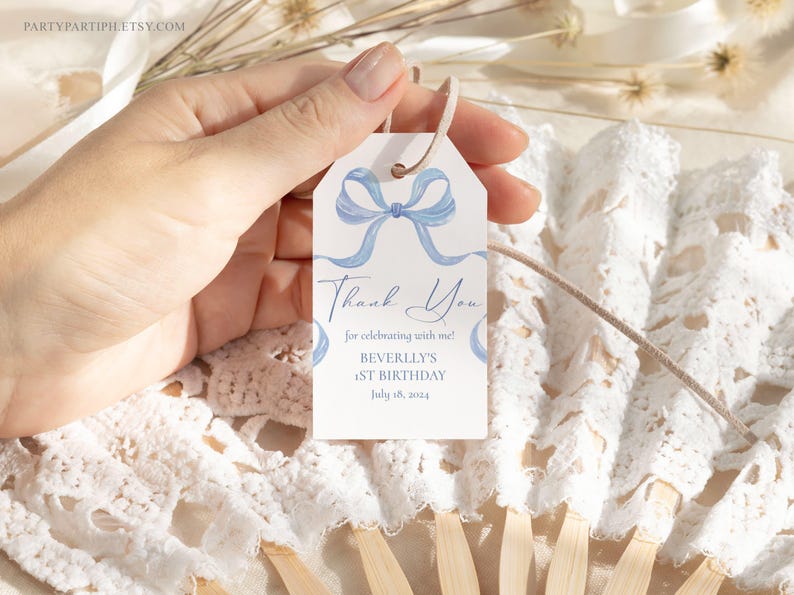 Editable Blue Bow Birthday Thank You Tags Template Cute Girl Bow Gift ...
