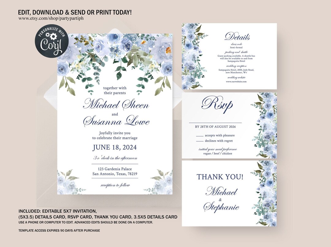 EDITABLE Baby Blue Flower Wedding Invitation Template Set Blue Flower ...