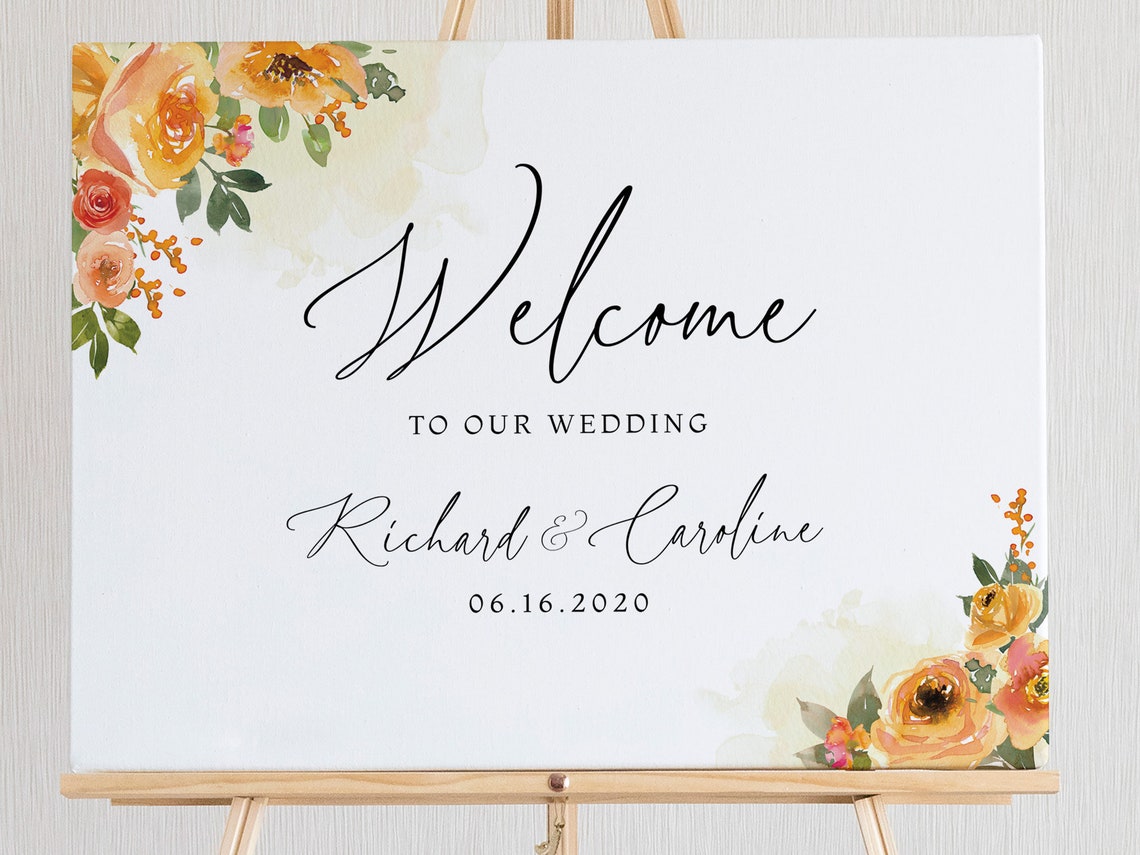 Editable Orange Welcome Sign Templates Flower Wedding Welcome Signs ...