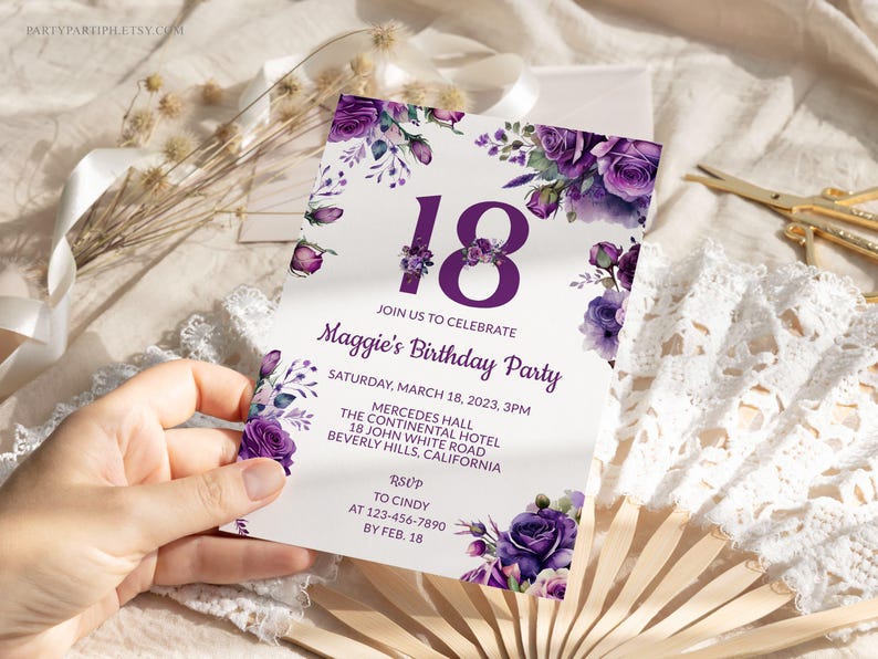 Purple Floral 18th Birthday Invitation: Editable Lavender Blossom Party ...