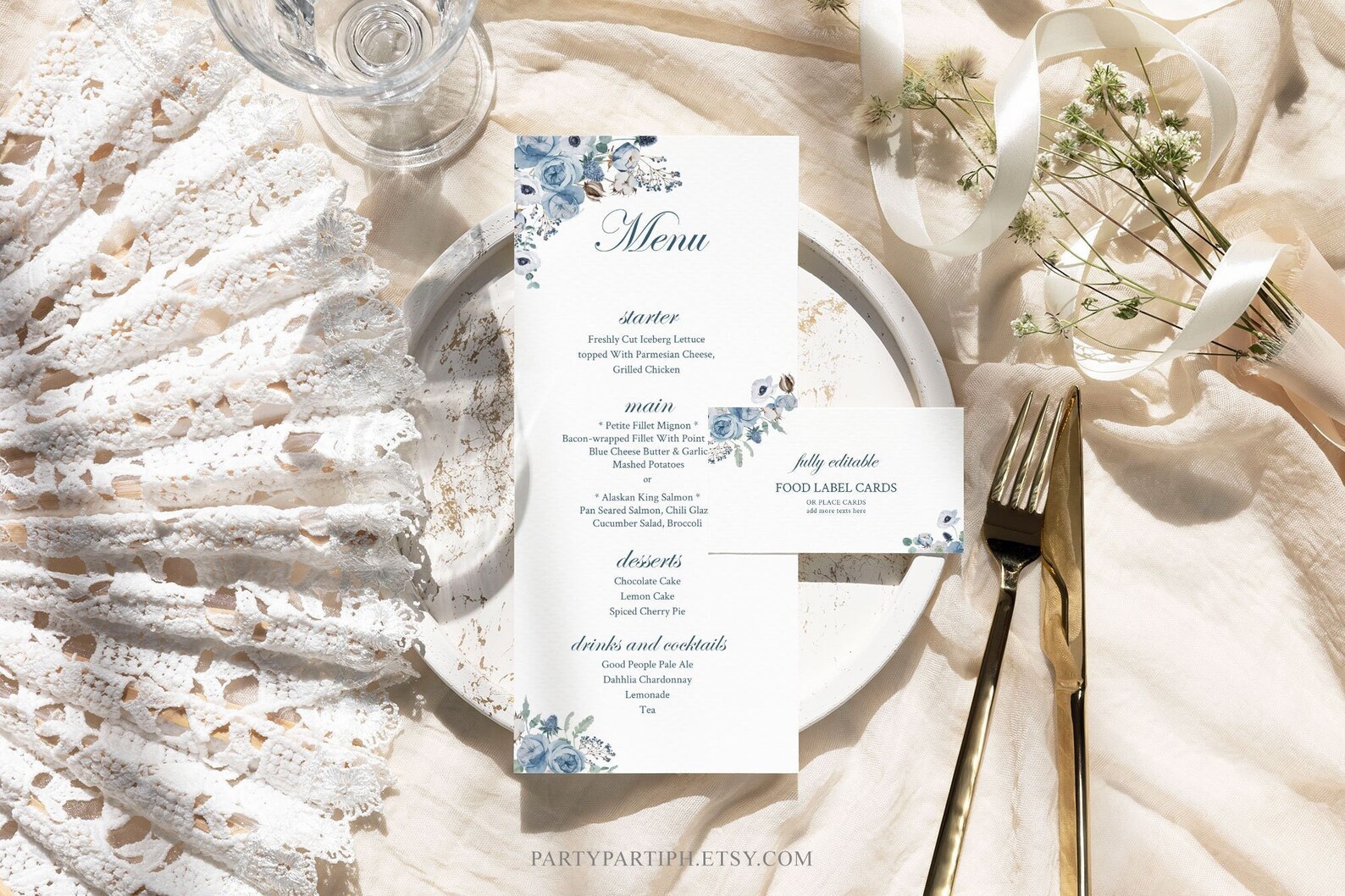 Editable Blue Flowers Menu Cards and Place Cards Template 4x9" Instant ...