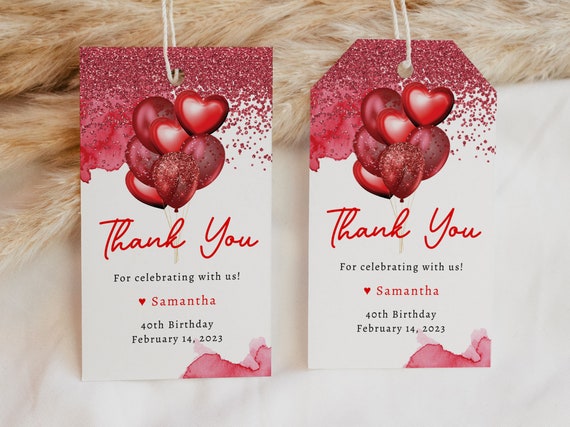 Editable Red Hearts Balloons Birthday Favor Tags Red Glittered Balloons ...