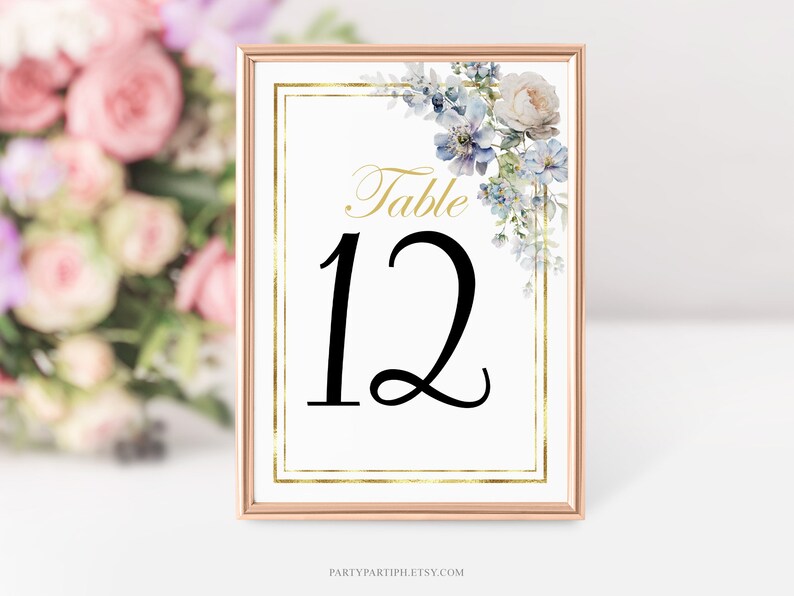 Editable Blue Flowers Wedding Table Number Card Printable Template Gold ...