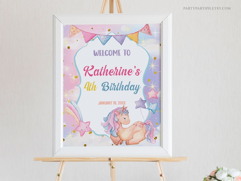 Editable Rainbow Unicorn Birthday Welcome Sign Template Editable ...