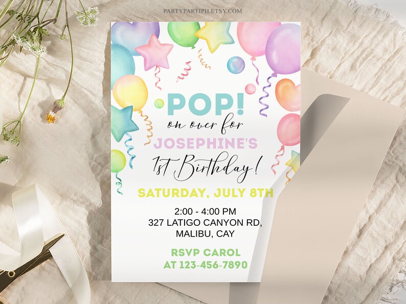 Editable Pastel Rainbow Balloons Birthday Invitation Baby Rainbow ...