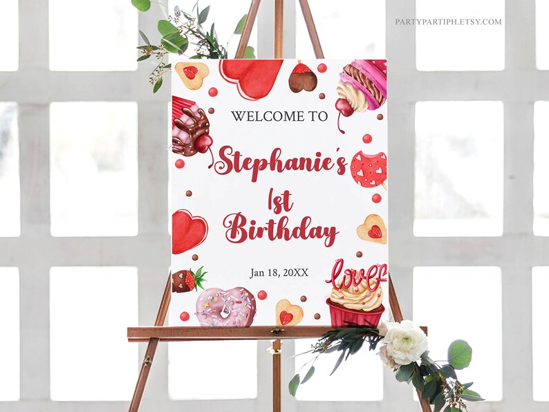 Editable Red Hearts and Cupcakes Birthday Party Welcome Sign Template ...