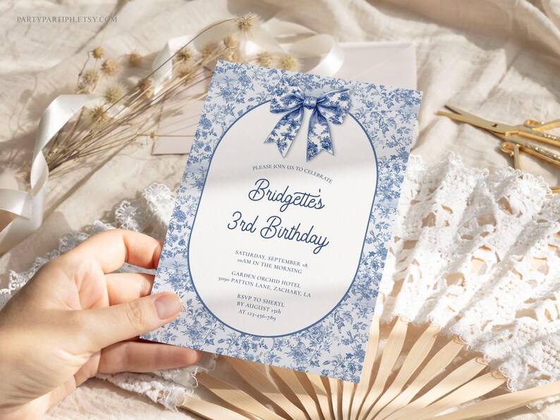 EDITABLE Blue Toile Birthday Invitation Template Blue Florals Birthday ...