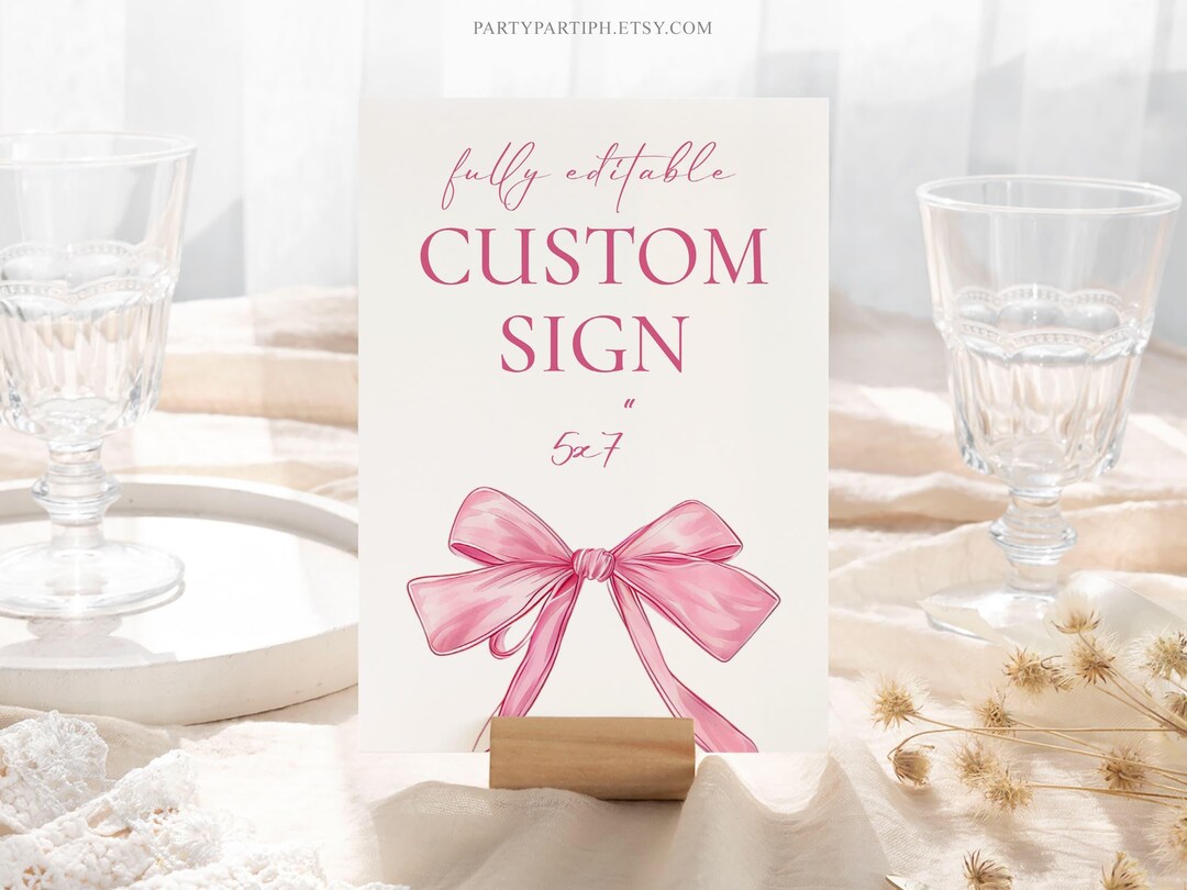 EDITABLE Pink Bow Custom Table Sign Template Girl Bow Theme Birthday ...