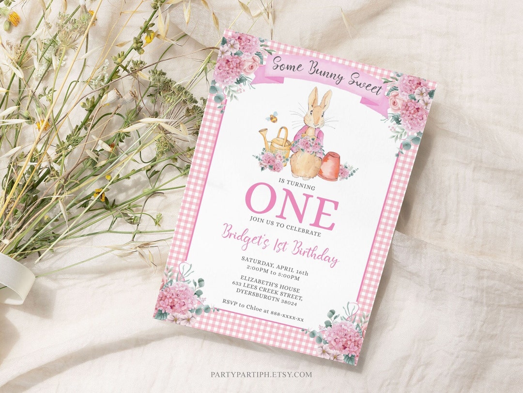 Editable Pink Peter Rabbit First Birthday Invitation Template Some ...