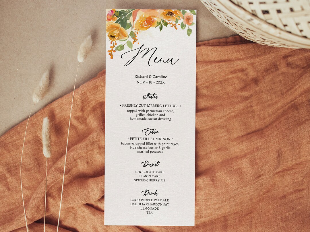 EDITABLE Orange Flowers Wedding Menu Card Template Instant Download ...