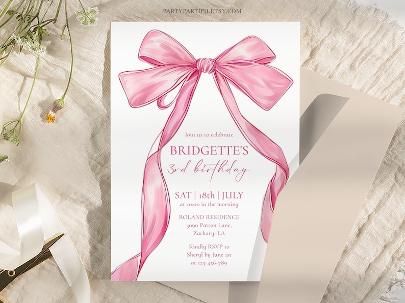 EDITABLE Pink Bow Birthday Invitation Template Cute Bow Theme 1st 2nd ...