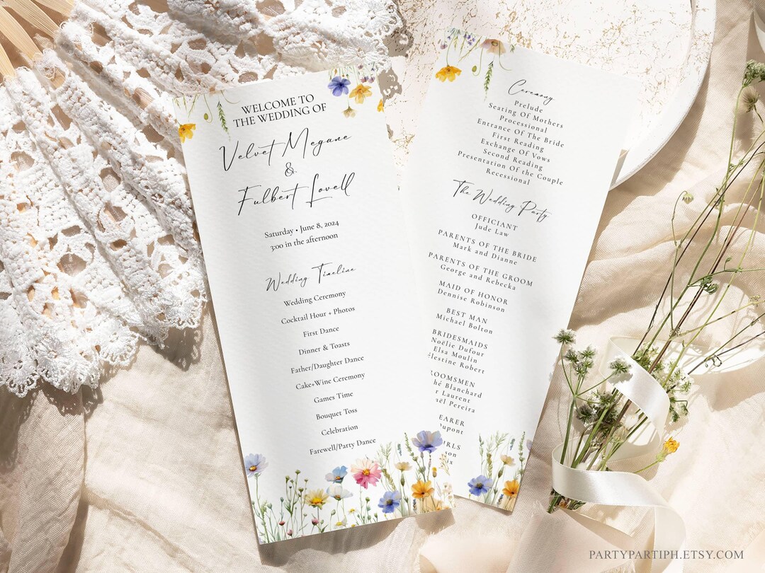 Editable Wildflower Wedding Program Template 4x9" Summer Floral Wedding ...