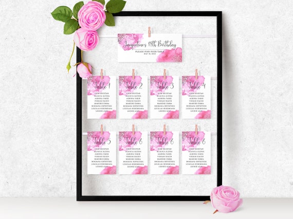 Editable Hot Pink and Black Glitter Seating Table Chart Pink Floral ...