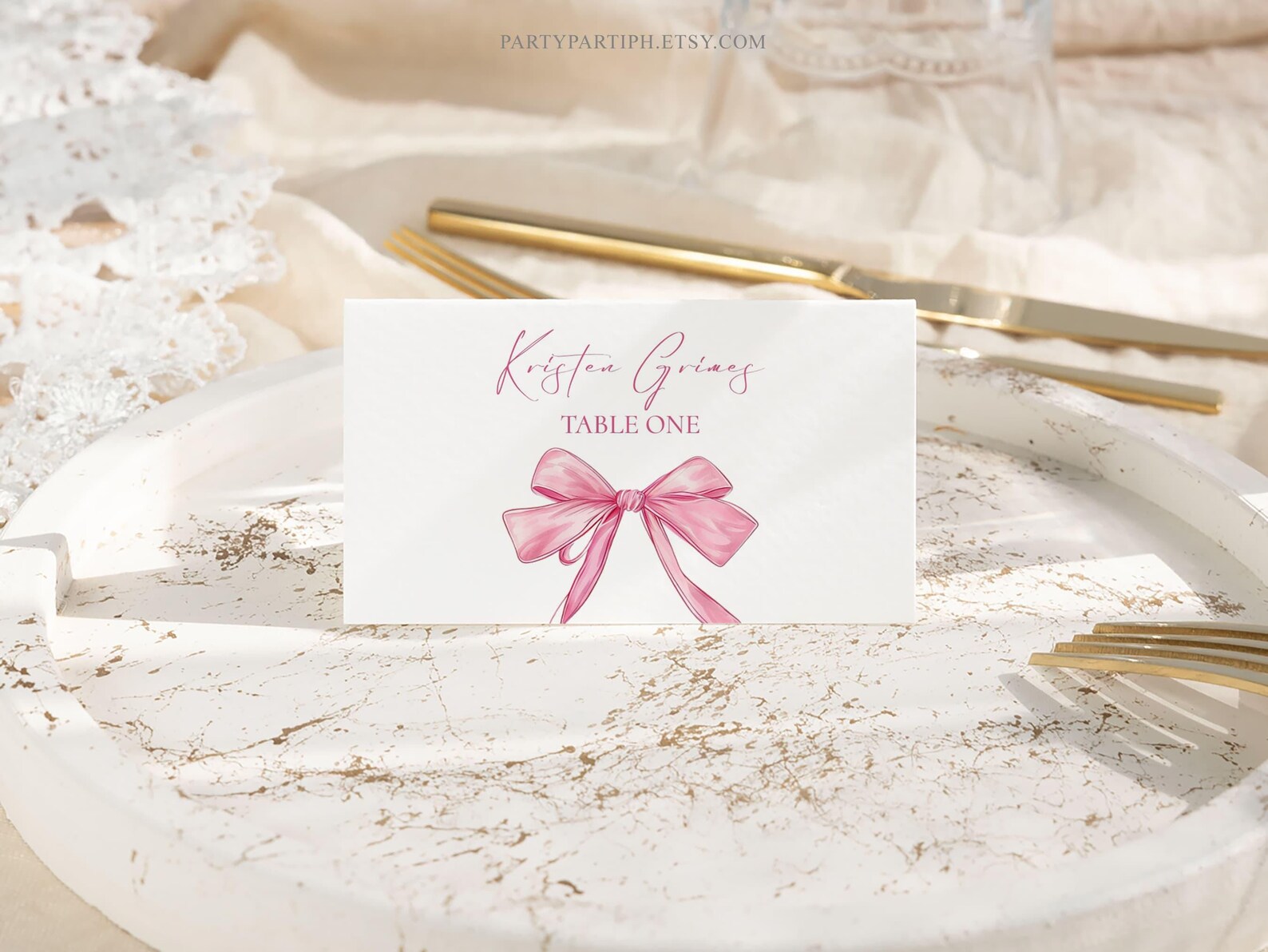Editable Pink Bow Place Cards Template Cute Girl Bow Table Name Table ...
