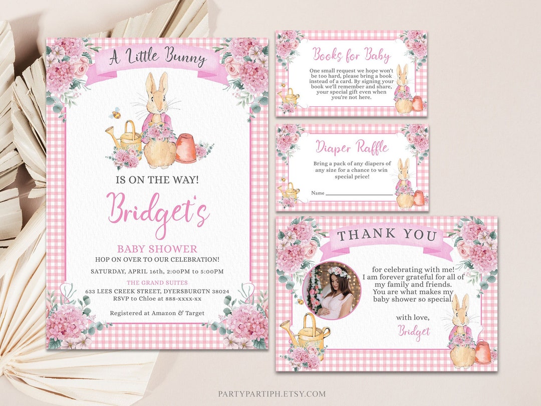 Editable Pink Peter Rabbit Baby Shower Invitation Set Template Garden ...