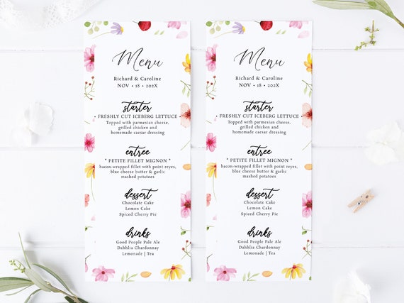 EDITABLE Wildflowers Menu Card Template (Wedding, Bridal Shower, Dinner ...