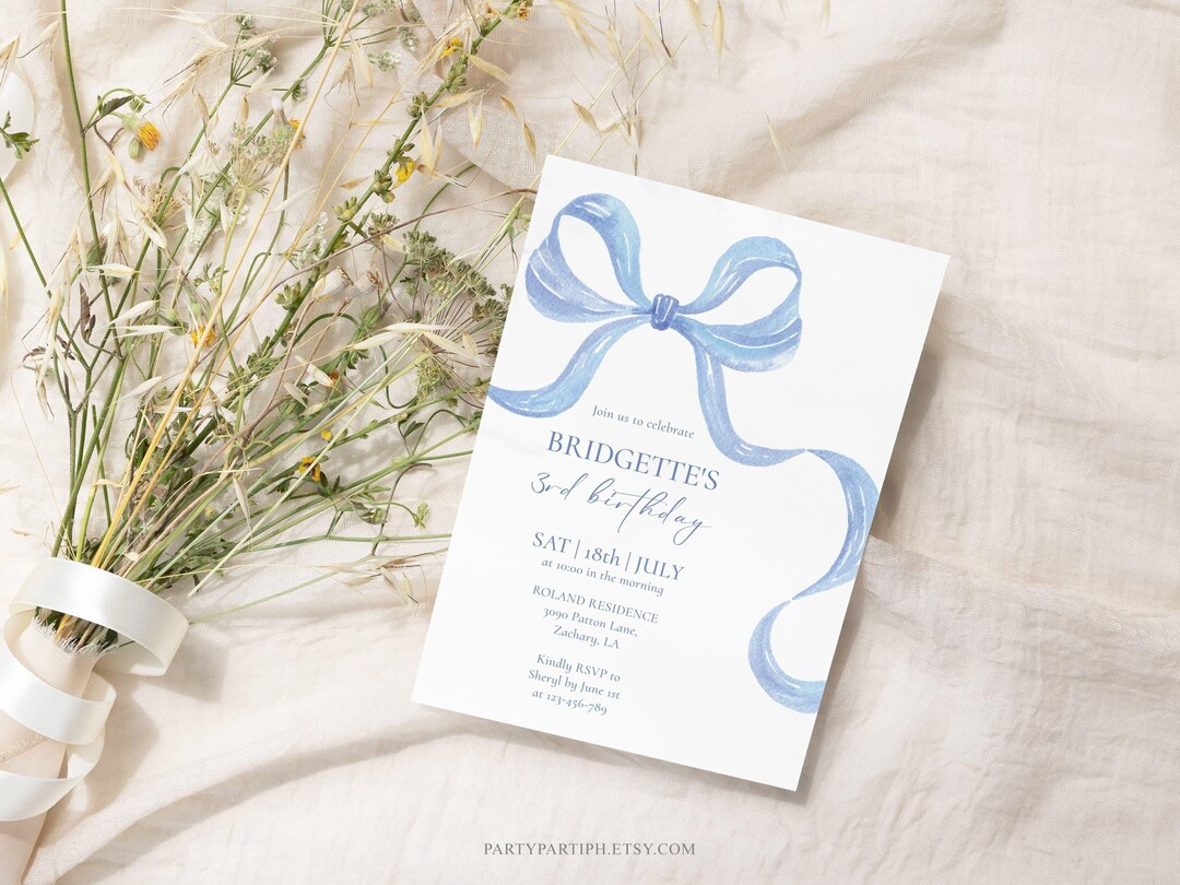 EDITABLE Blue Bow Birthday Invitation Template Cute Bow Theme 1st 2nd ...