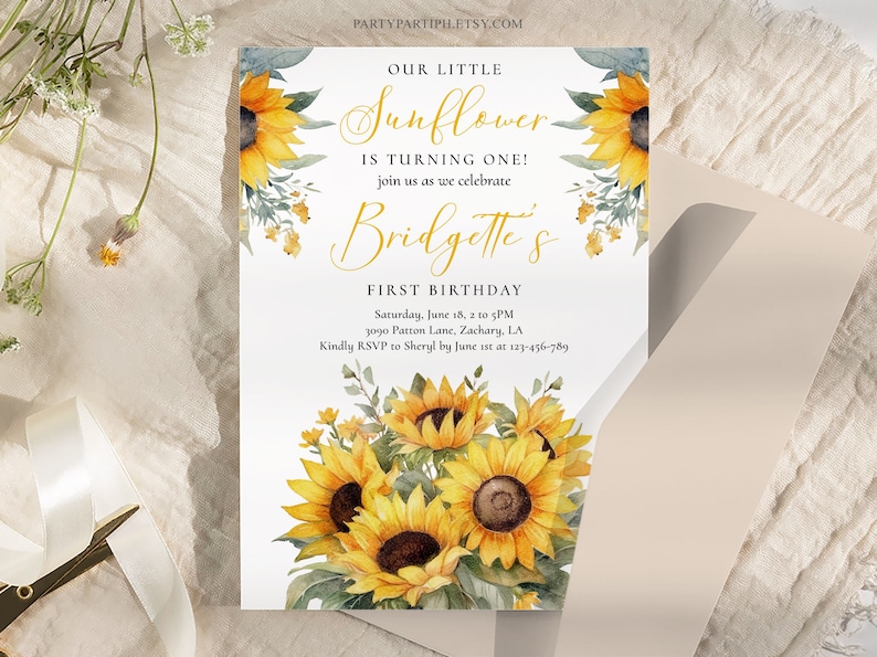 EDITABLE Sunflower Birthday Invitation Template Flower Theme 1st ...