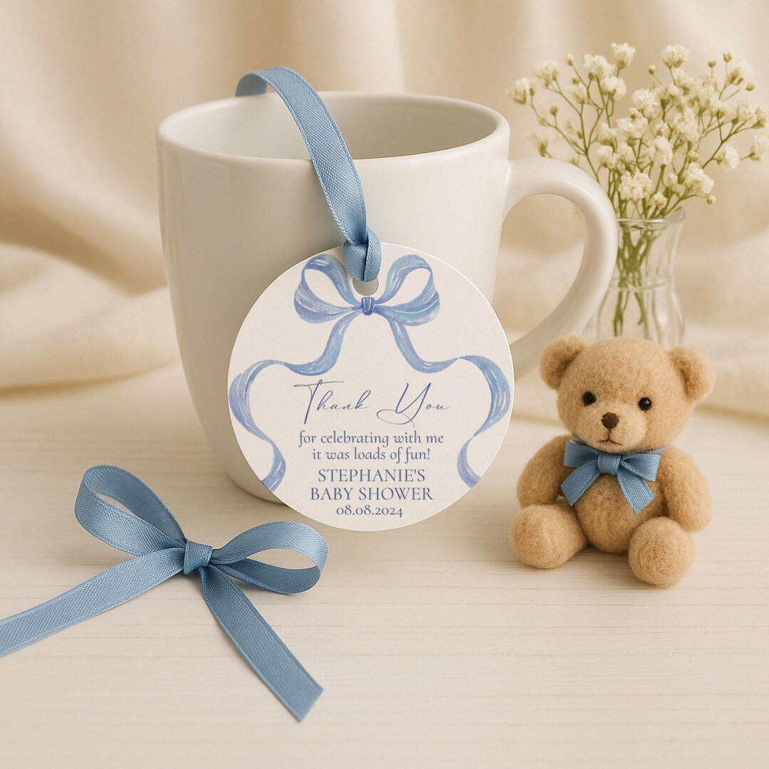 Blue Bow Baby Shower Favor Tag: Elegant Round Sky Blue Gift Tag for Boy ...