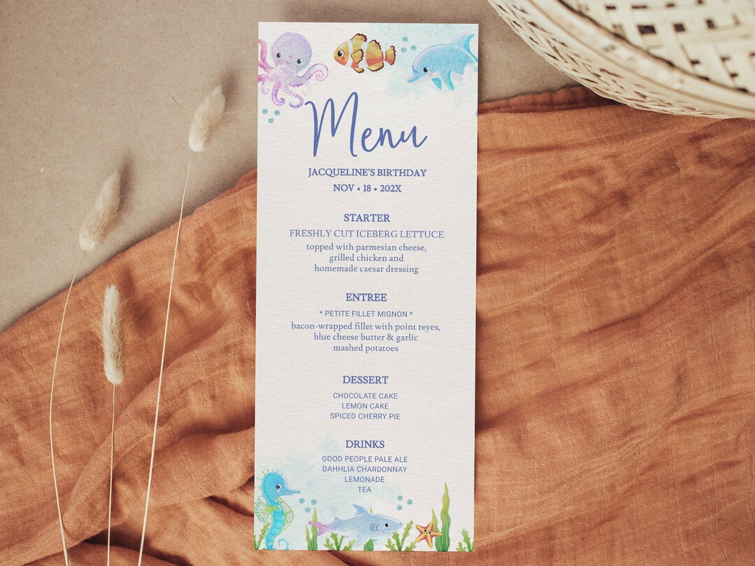 EDITABLE Under the Sea Menu Birthday Party Menu Card Template Instant ...