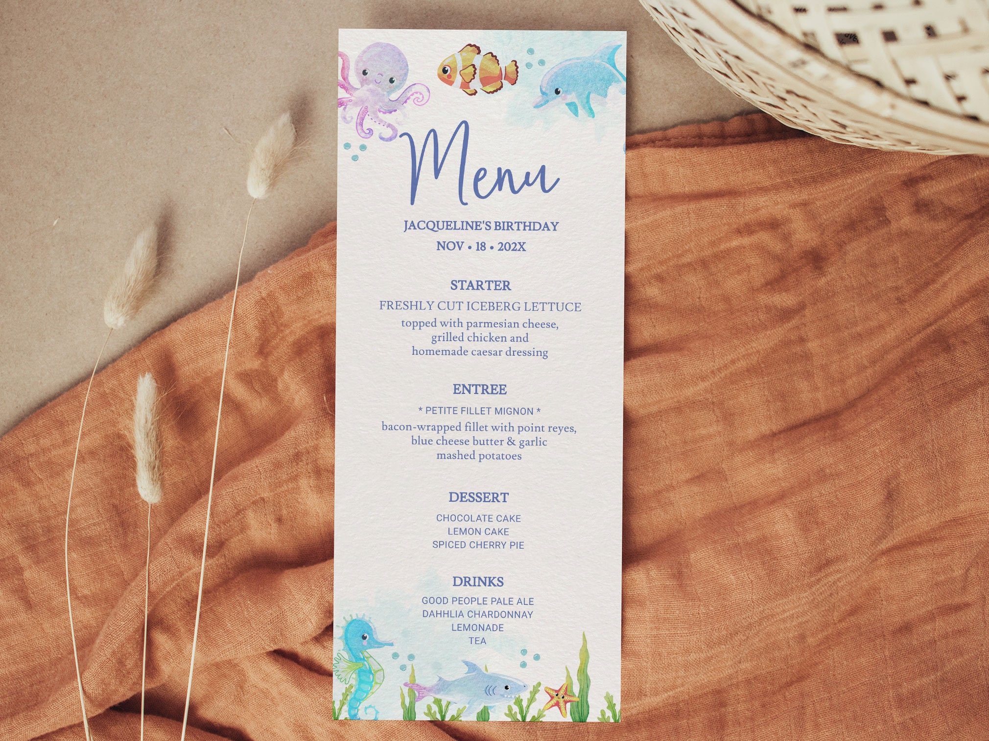 EDITABLE Under the Sea Menu Birthday Party Menu Card Template Instant ...